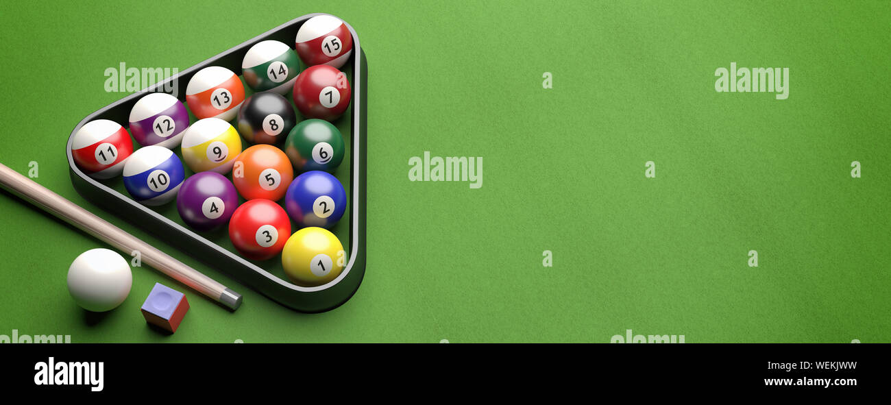 Billiard table, pool balls set in a triangle shape rack on green felt ...