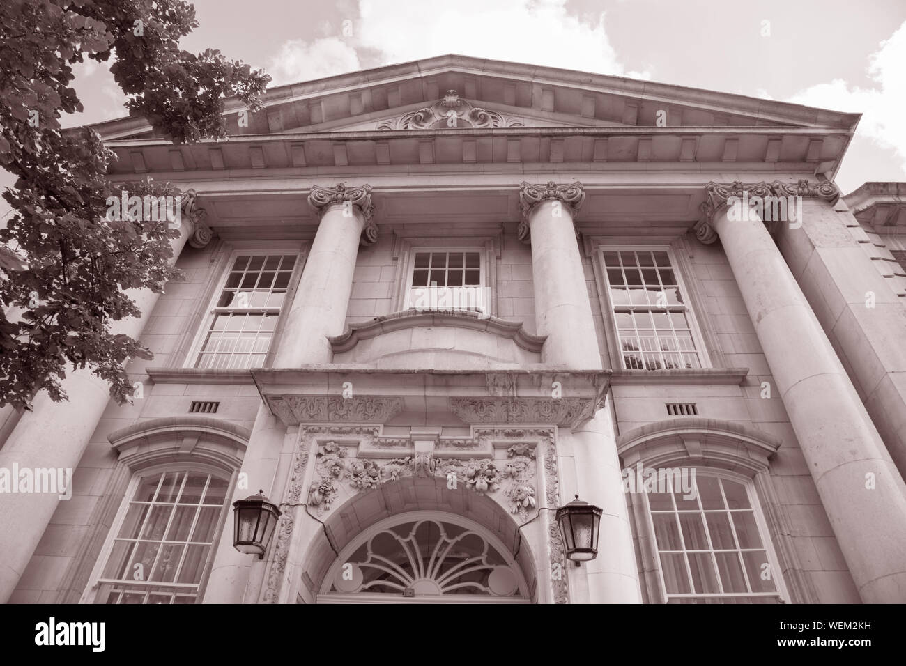 Chelsea Town Hall Facade, London in Black and White Sepia Tone Stock ...
