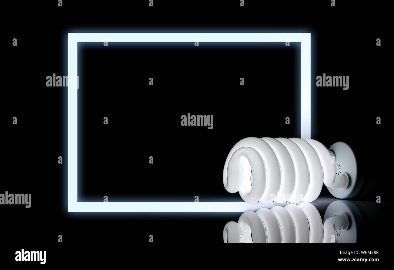 The white bulb lies on black background with neon frame Stock Photo - Alamy