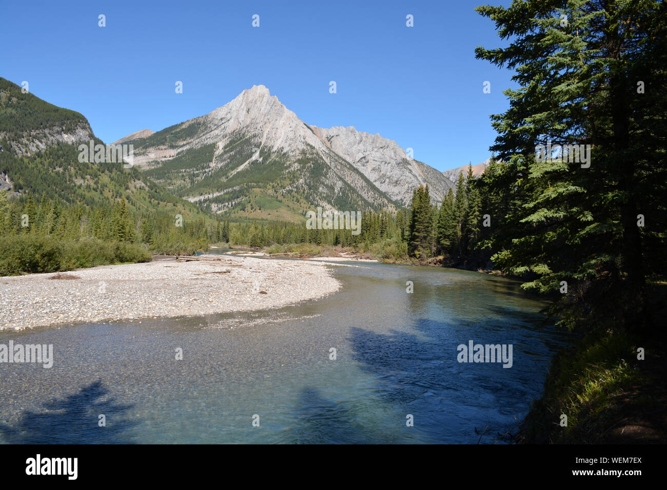 Kananaskis River View with Rocky Mountains in the Background Stock ...