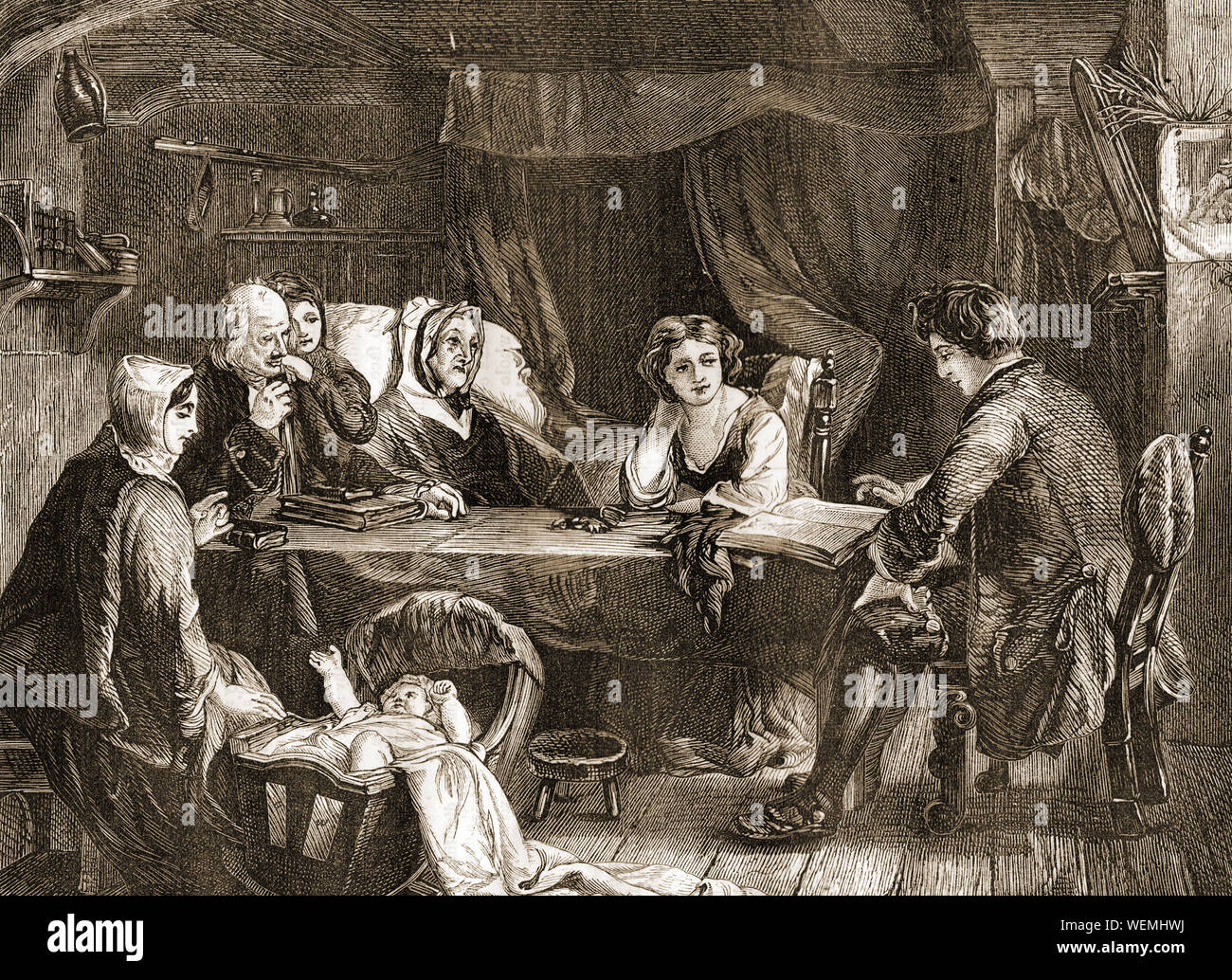 An old engraving showing a British domestic scene showing a Victorian ...