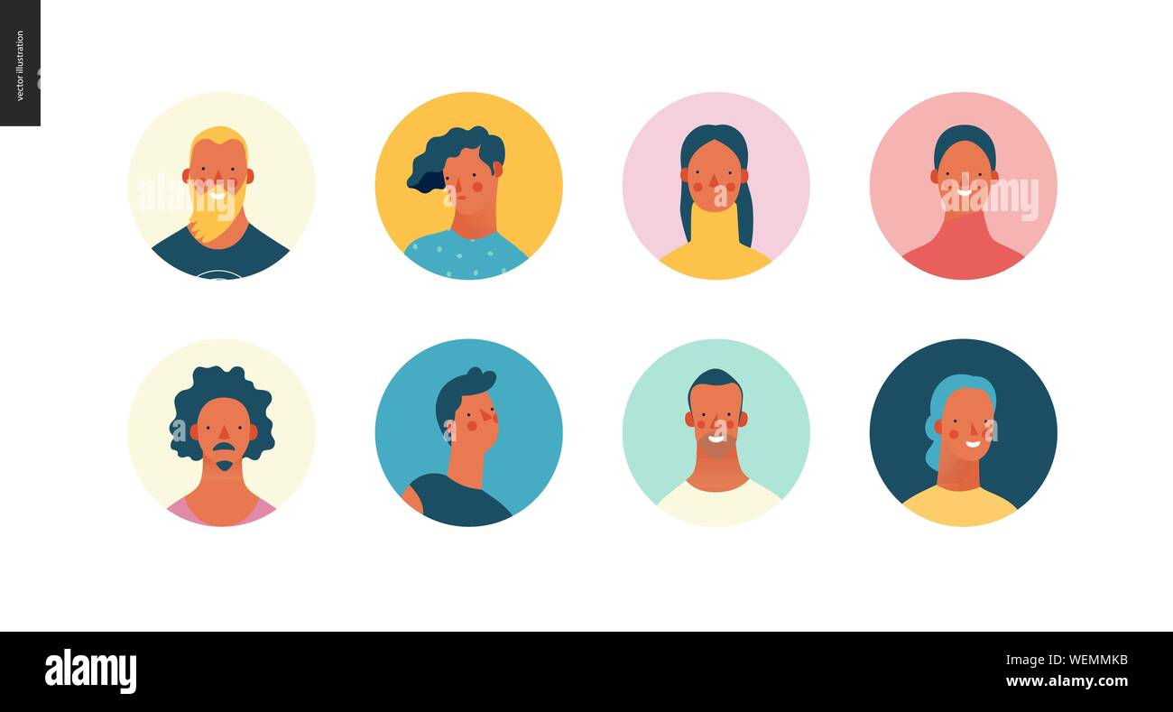 Bright people portraits set - hand drawn flat style vector design ...