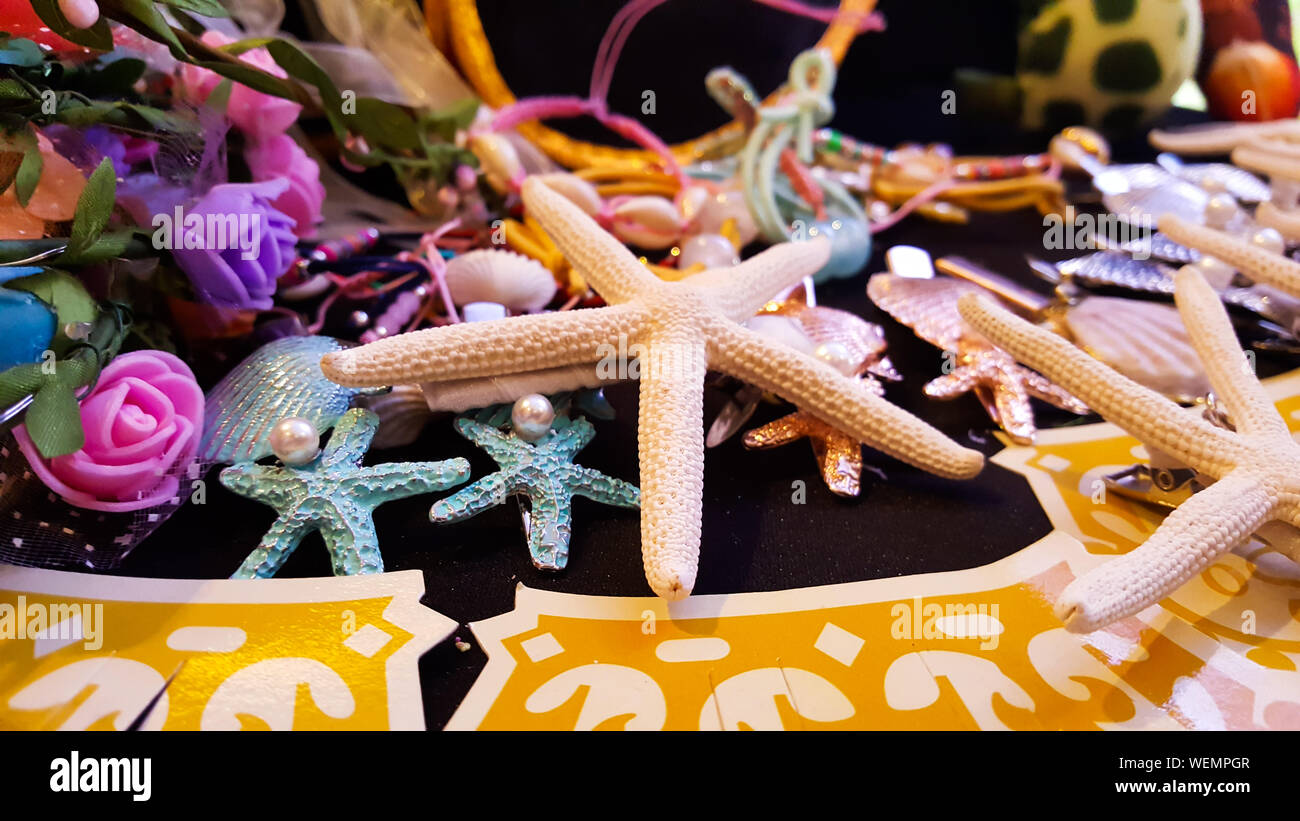 Set of various blue seashells, starfish, pearl and flowers on black ...