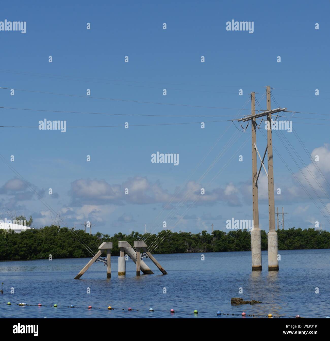 Power poles in the water near a dock Stock Photo - Alamy