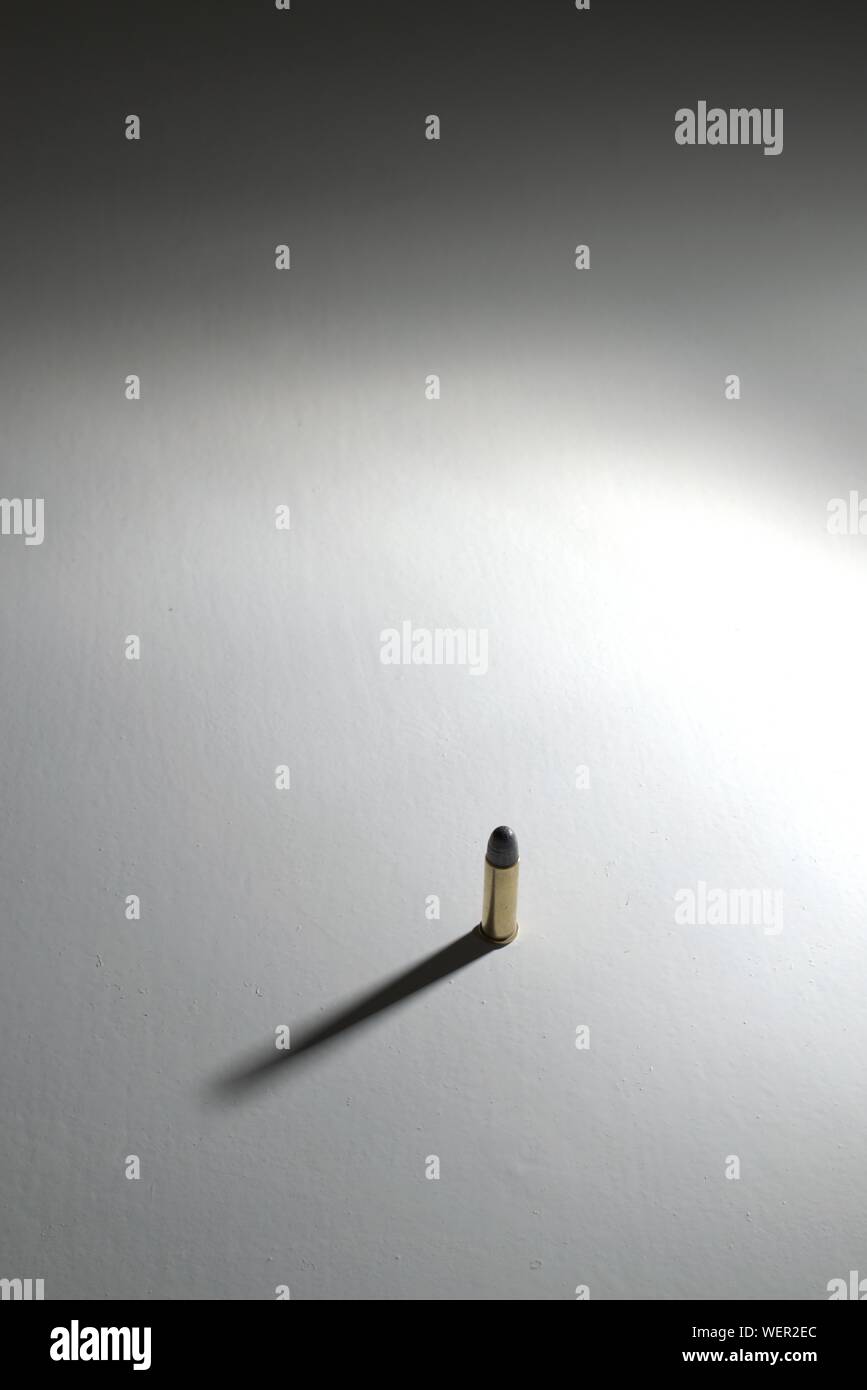 A bullet (.38 lead round nose) standing on a white surface with long ...