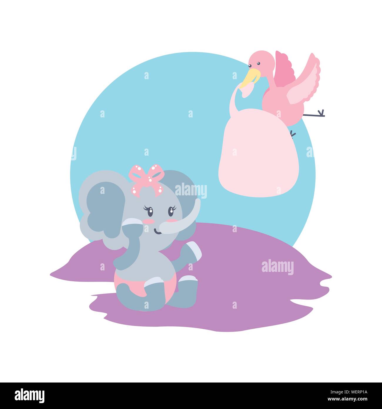 stork and cute female elephant baby animal vector illustration design ...