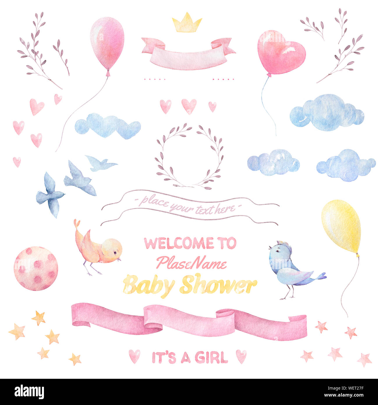 Baby shower Girl. Watercolor set. Birds, hearts, balloons, clouds ...