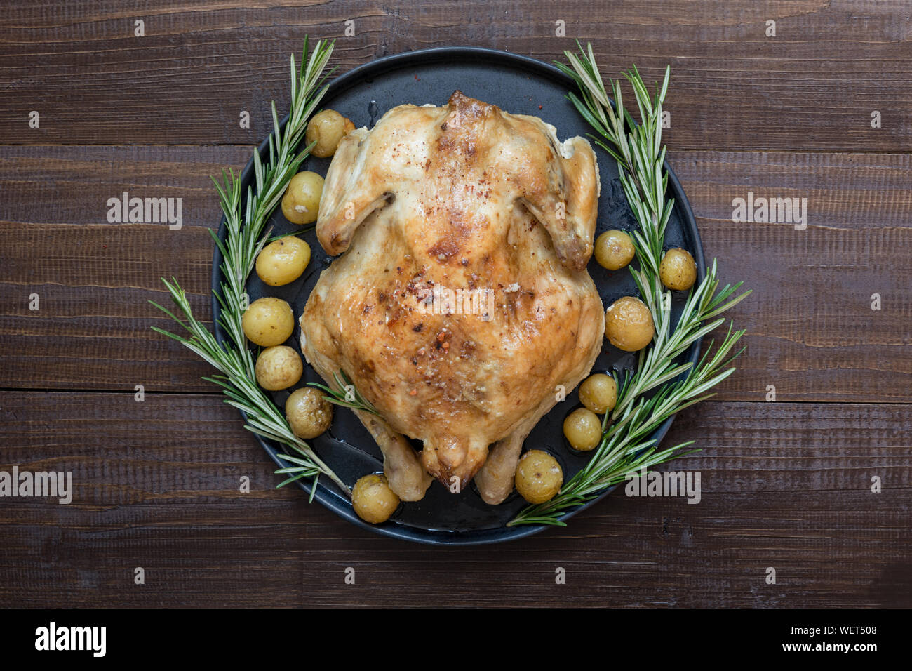 Traditional roasted turkey garnish rosemary in female hand on dark ...