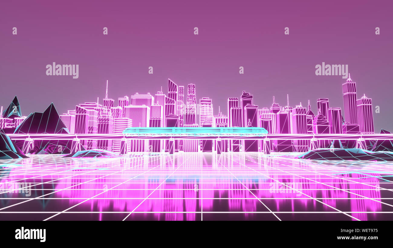 Retro futuristic skyscraper city 1980s style 3d illustration. Digital ...