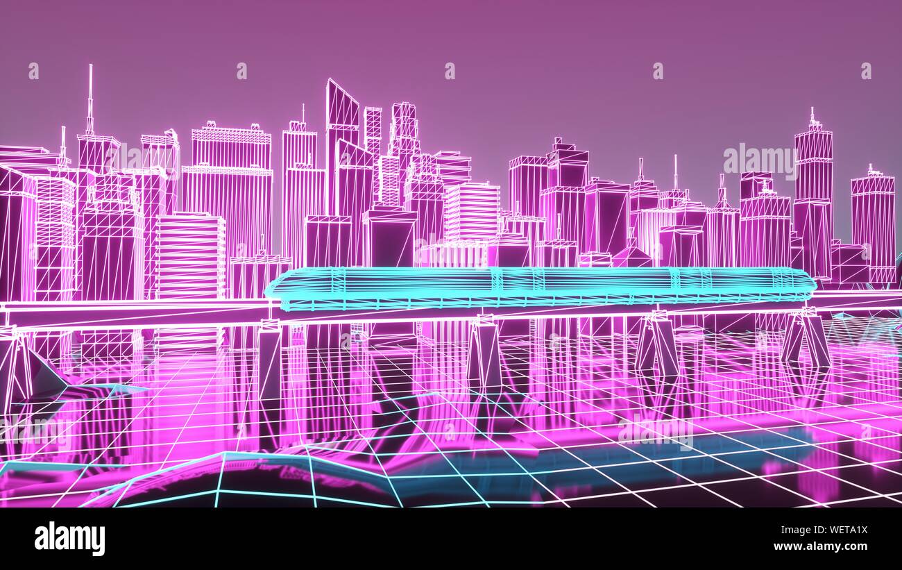The futuristic neon night city, train traffic on the railway bridge. 3d ...
