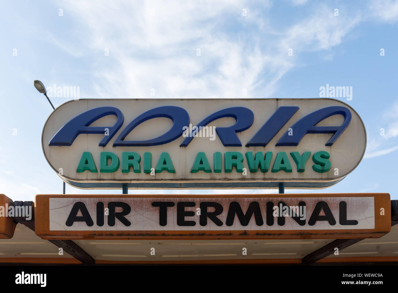 Adria Airways Air Terminal sign at The railway station in Ljubljana ...