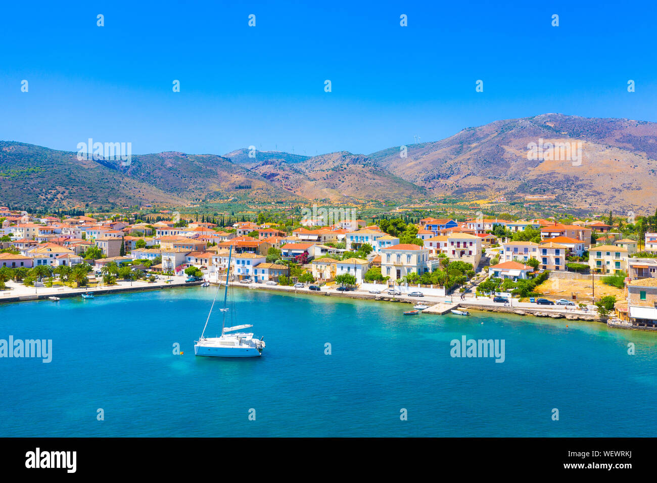 Scenic aerial view of Galaxidi village with colorful buildings, Greece ...