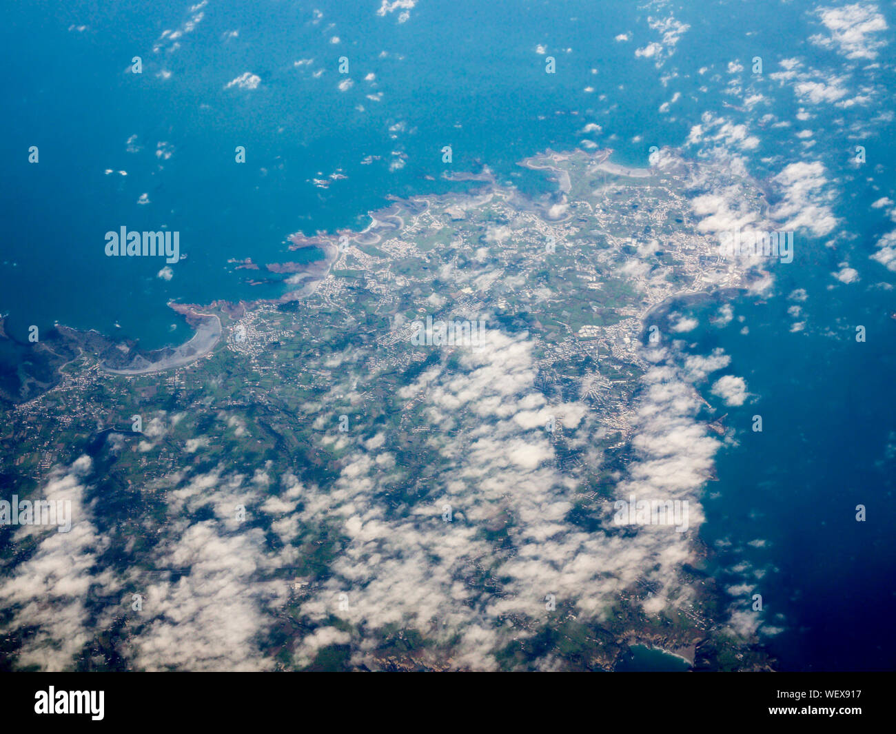 High aerial view of island of Guernsey in the Channel Islands, taken ...