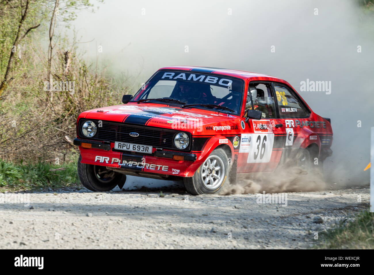 A Ford Mkii Escort rally car races through Dyfnant forest on the Plains ...