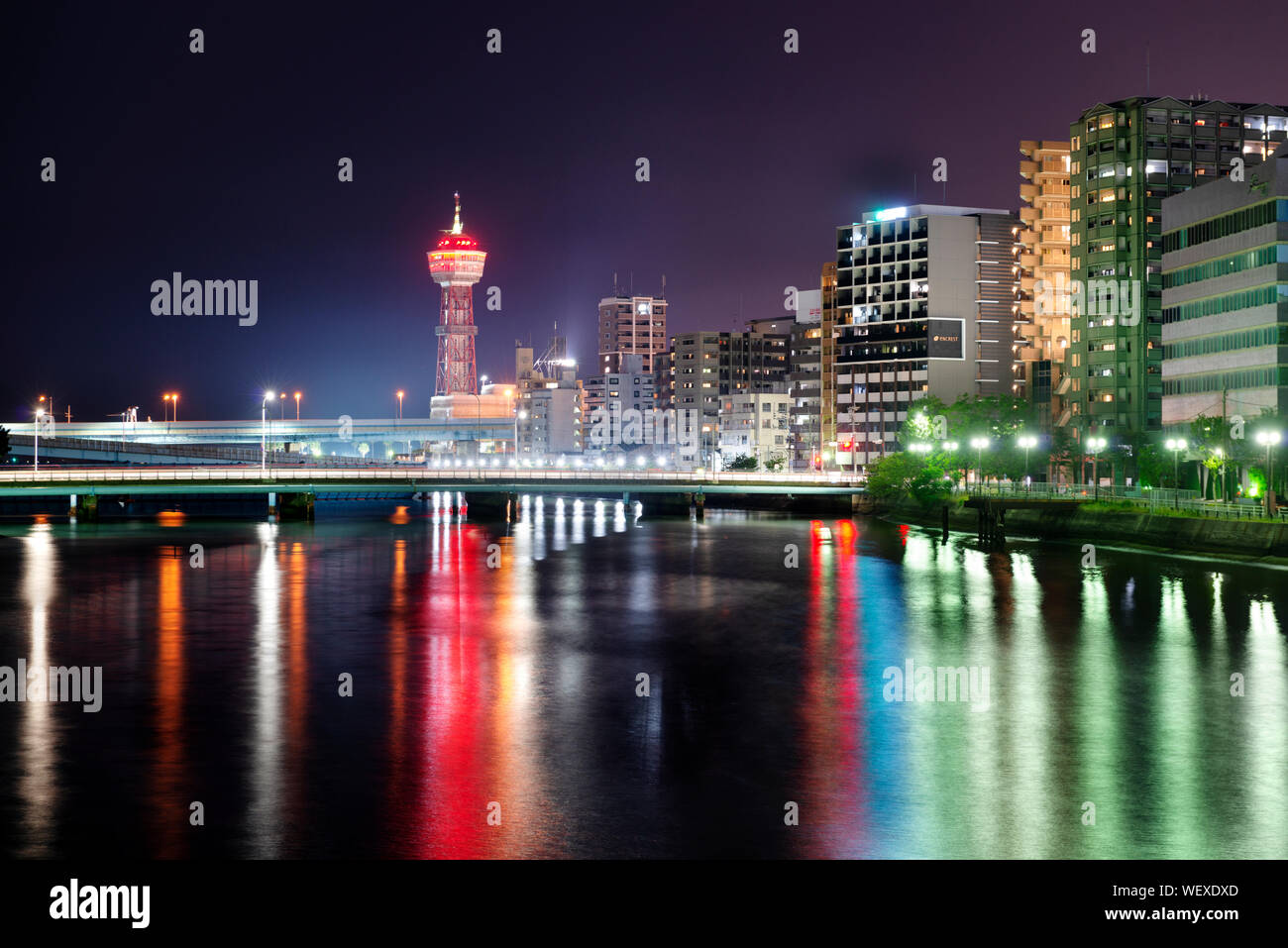 Night view on famous Hakata port tower in Fukuoka, Japan Stock Photo ...