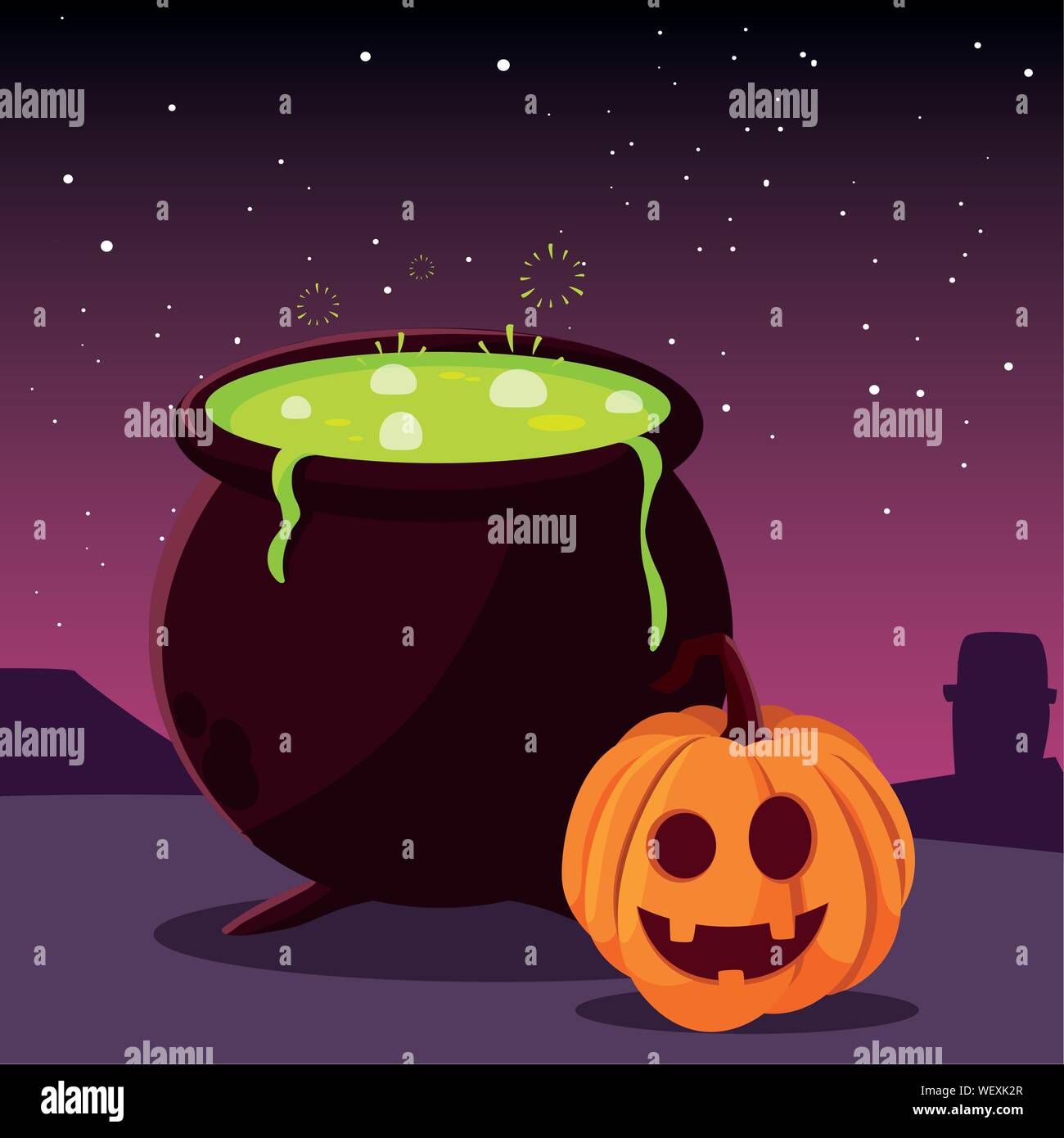 cauldron and pumpkins happy halloween night panorama vector ...