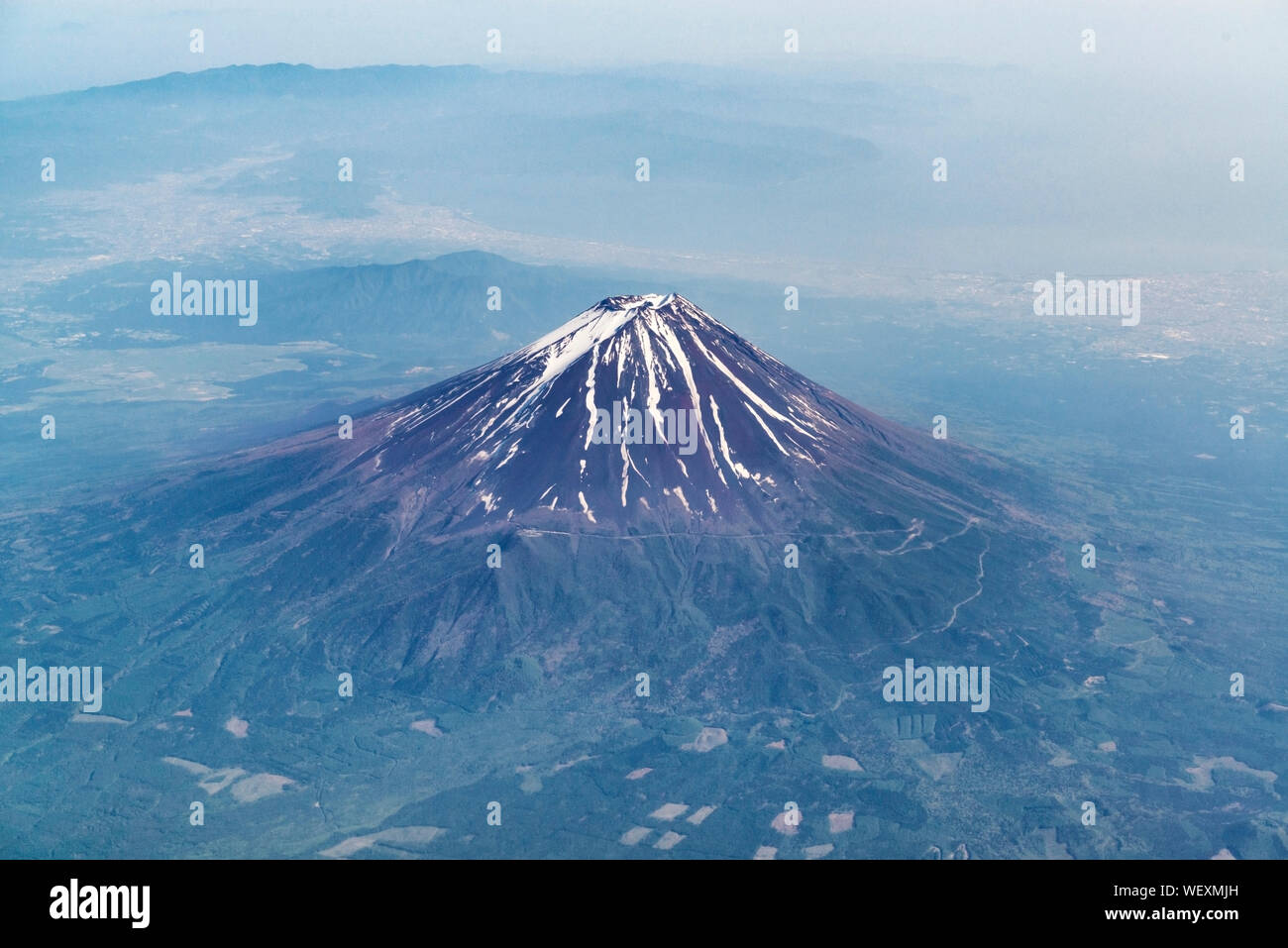 Aerial view on Fuji mountain. Symbol of Japan. Mount Fuji from airplane ...