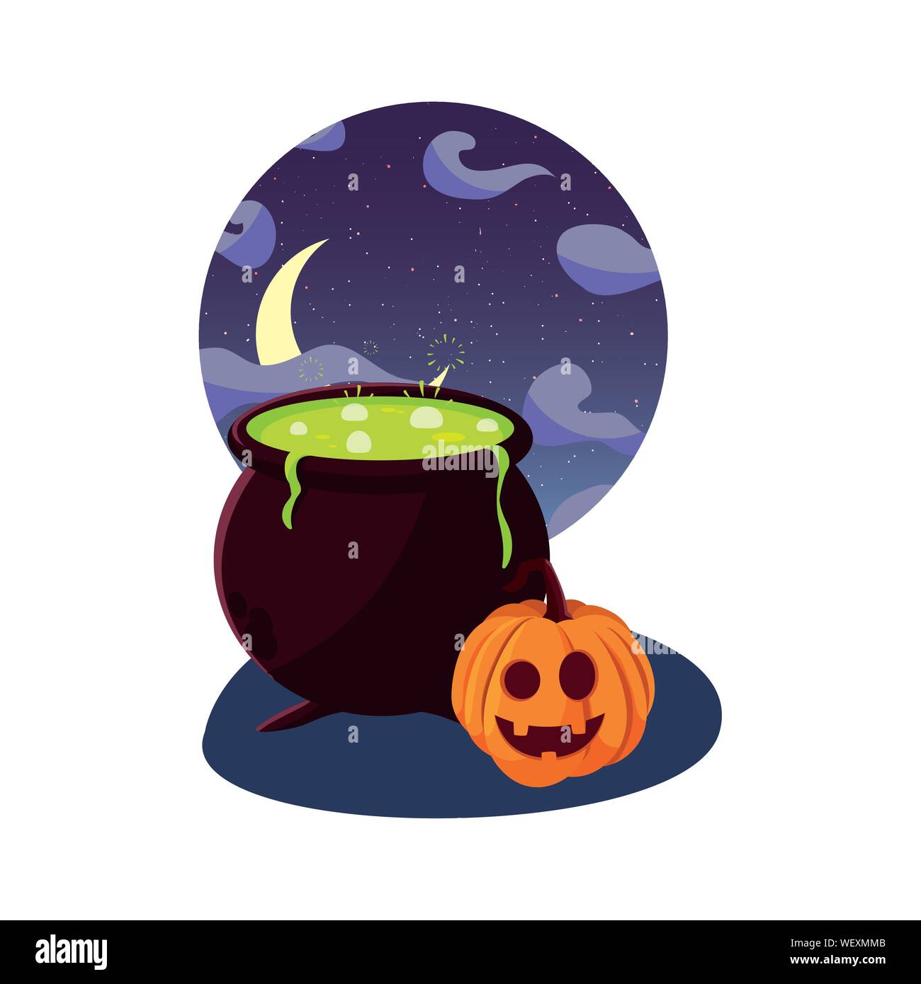 pumpkin cauldron happy halloween celebration moon night sky vector ...