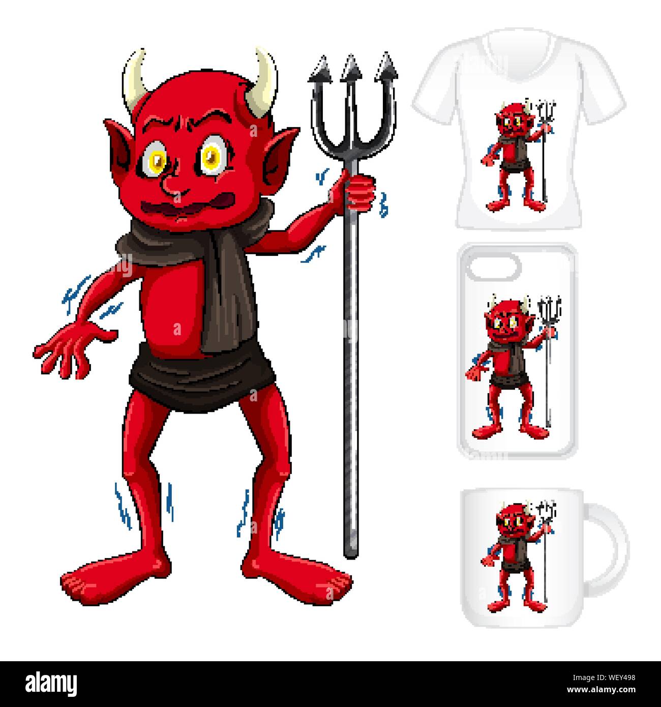 Graphic design on different products with red devil illustration Stock ...