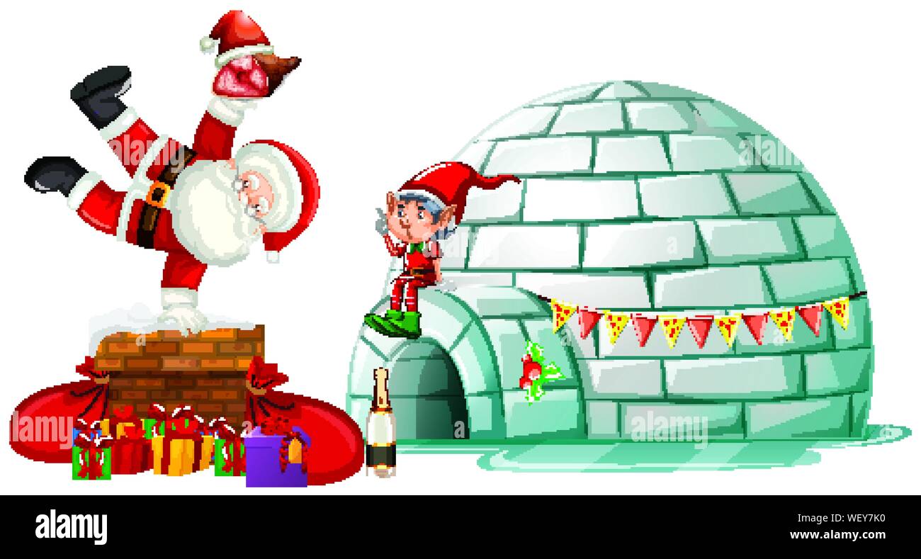 Santa claus and elf at the igloo illustration Stock Vector Image & Art ...
