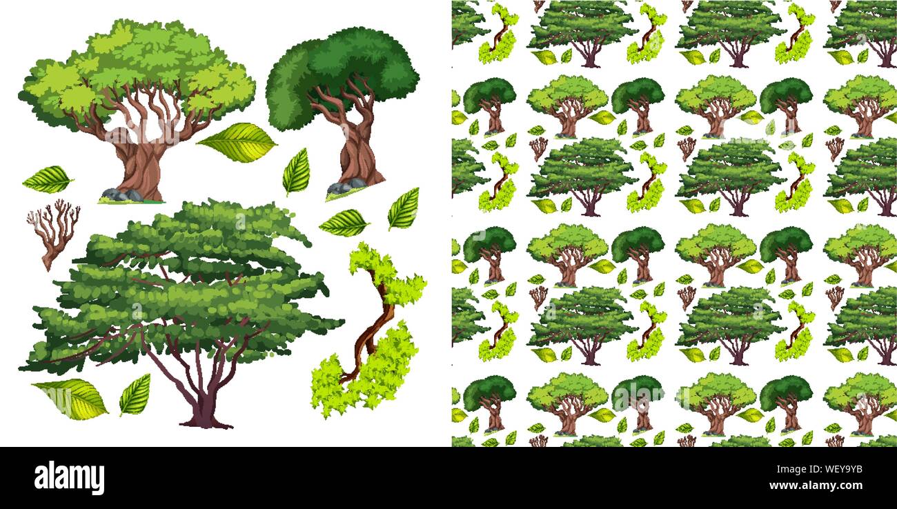 Set of seamless background design with isolated objects theme - tree ...