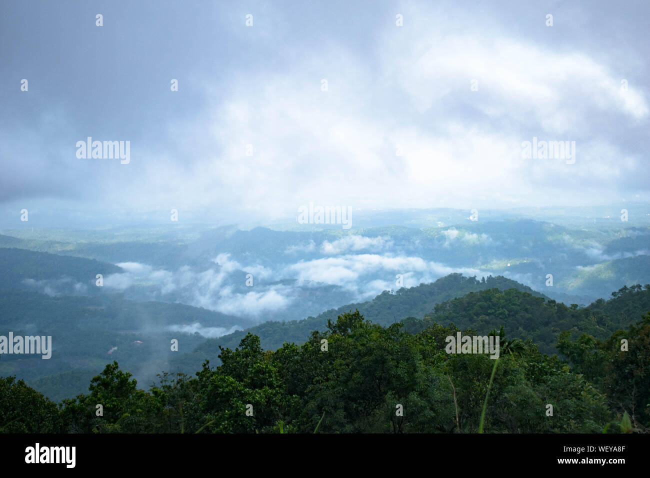 Great green mountain ranges. Peaks surrounded by green plants and a ...