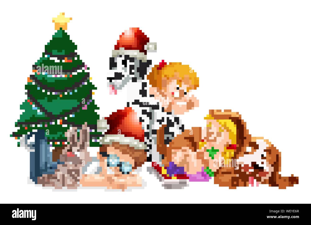 Happy children and christmas tree on white background illustration ...