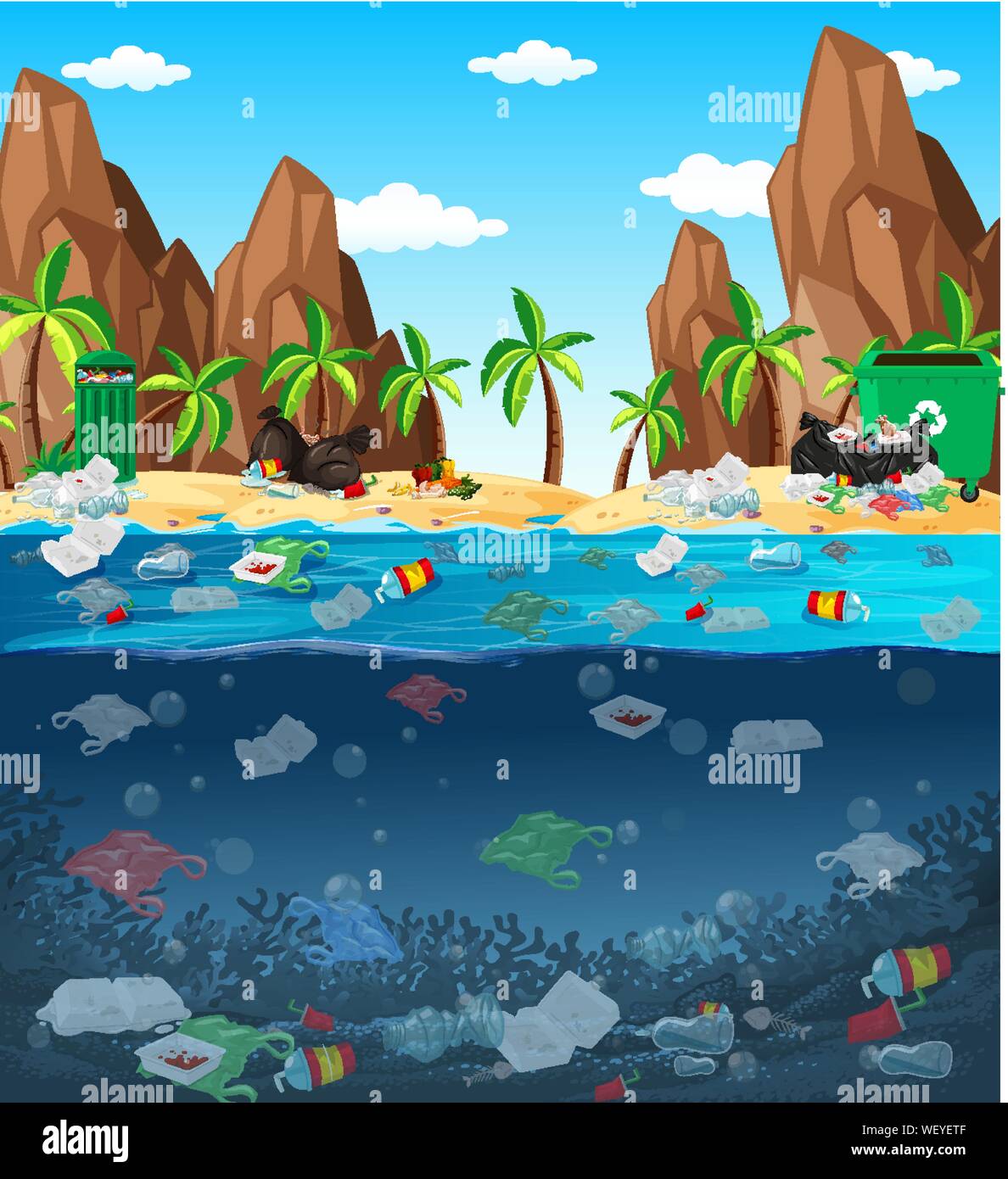 Water pollution with plastic bags in ocean illustration Stock Vector ...