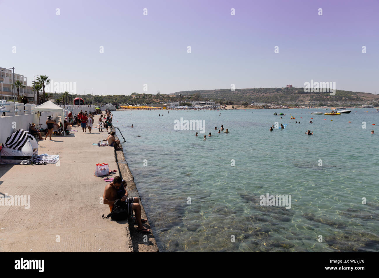 August 24th, 2019, Mellieha, Malta - view of the Ghadira bay, a tourist ...