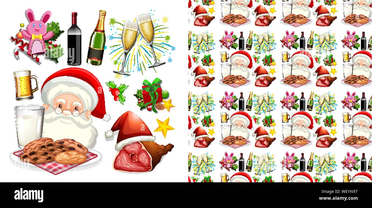 Seamless background design with Santa and christmas food illustration ...