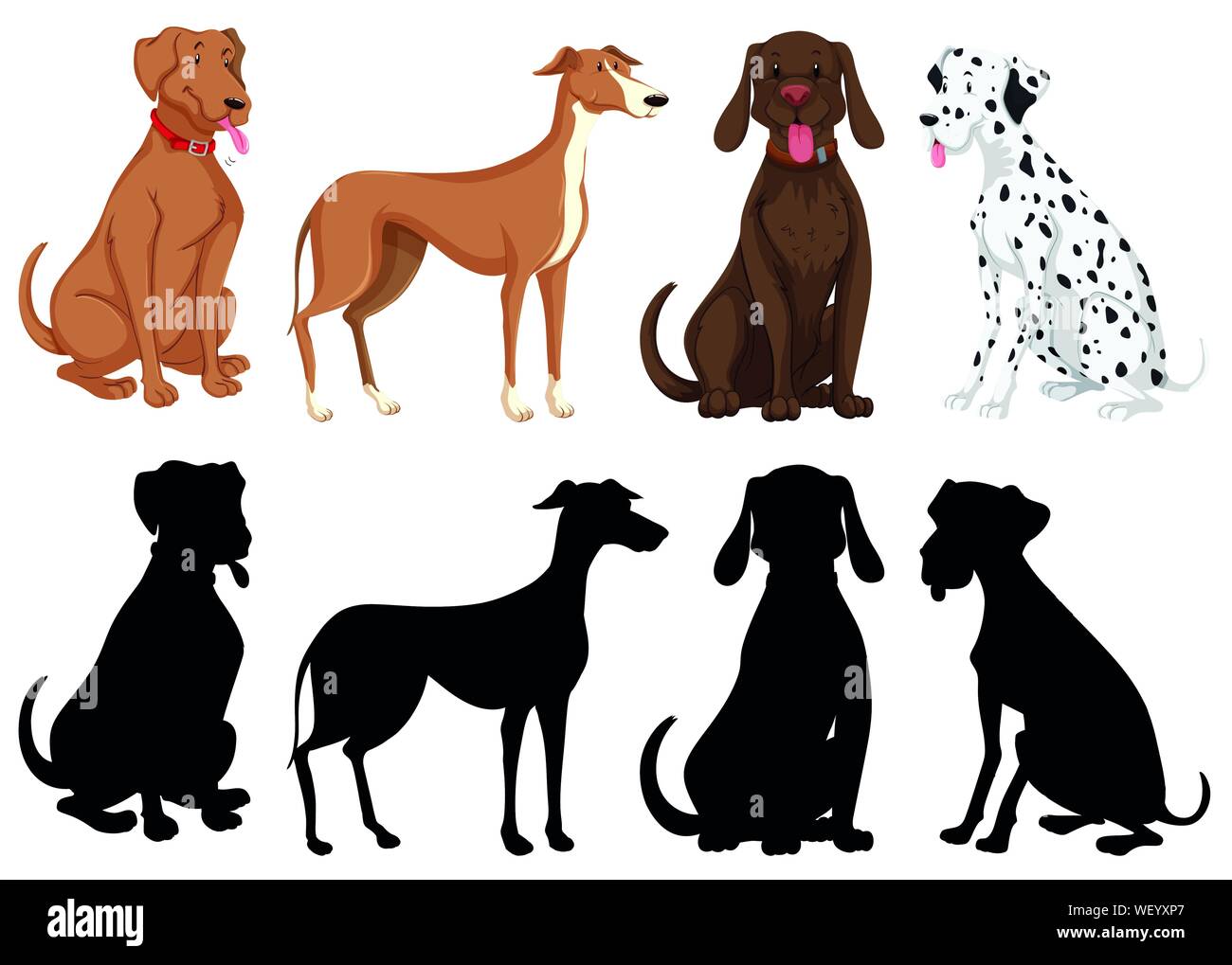Silhouette, color and outline version of dogs isolated illustration ...