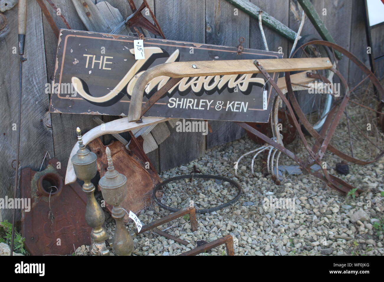 Johnson sign salvaged tools amish farm wisconsin Stock Photo - Alamy