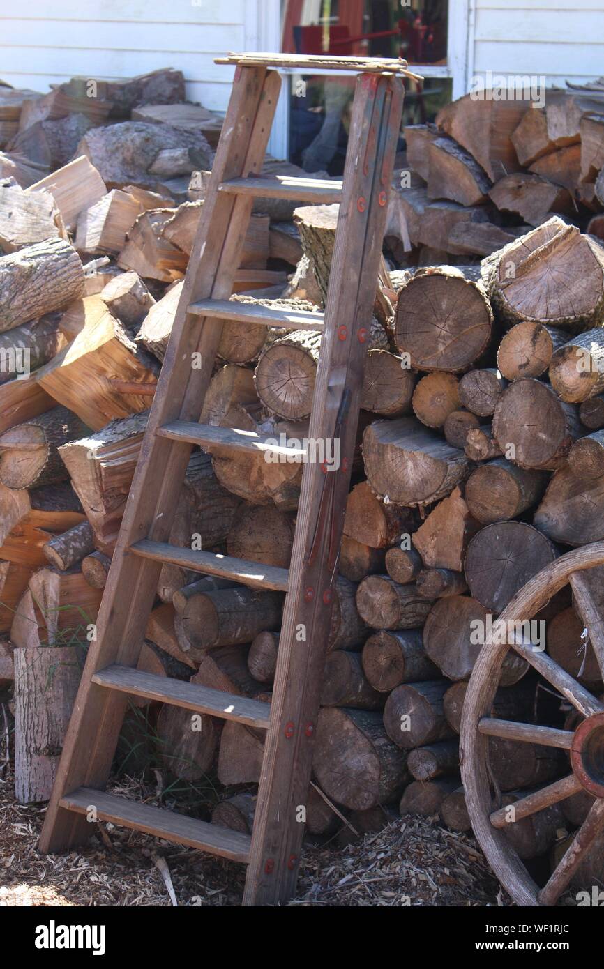 wooden ladder leaning against wood pile Stock Photo - Alamy