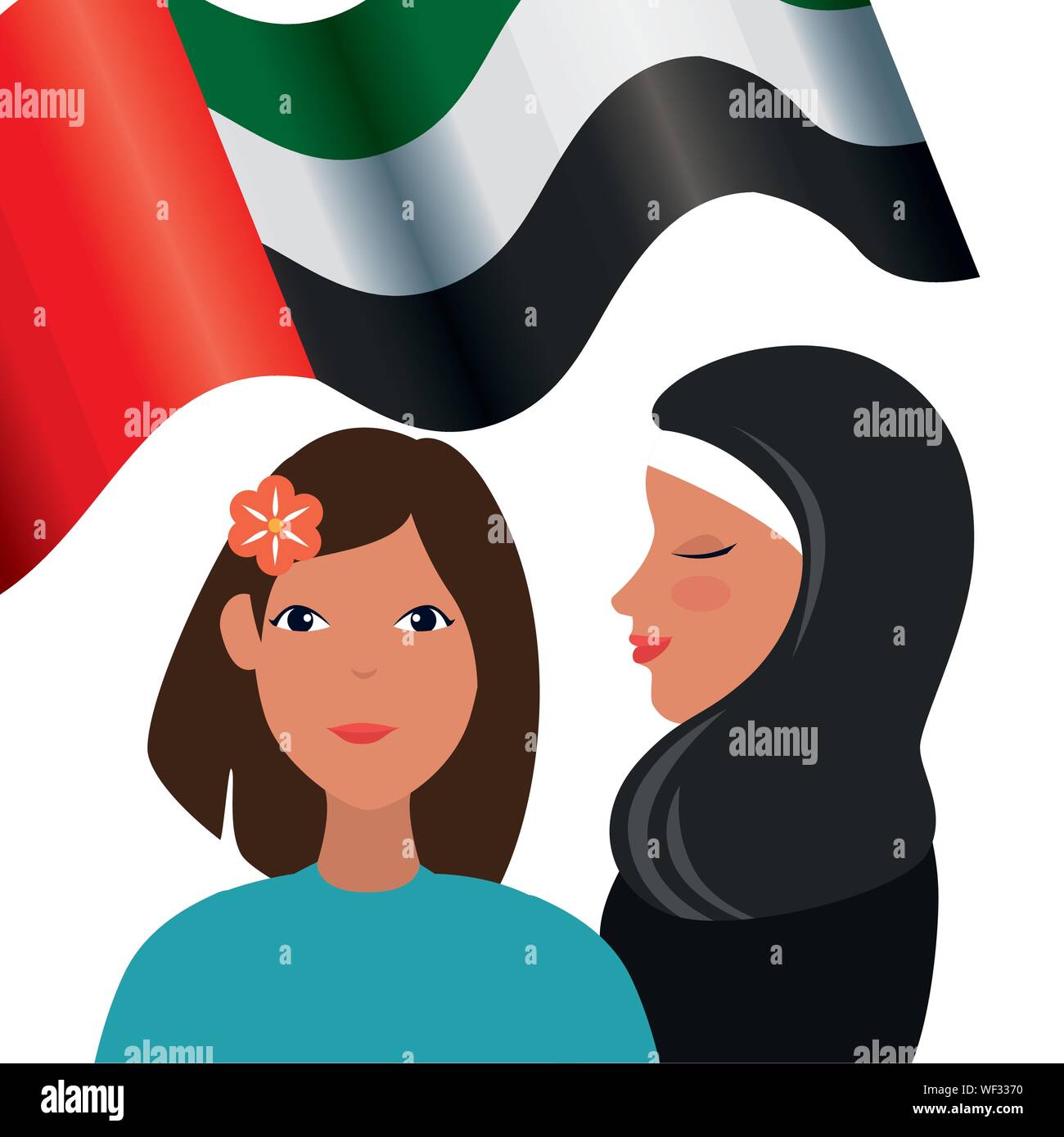 islamic women group with traditional burka and emirates arab flag Stock ...