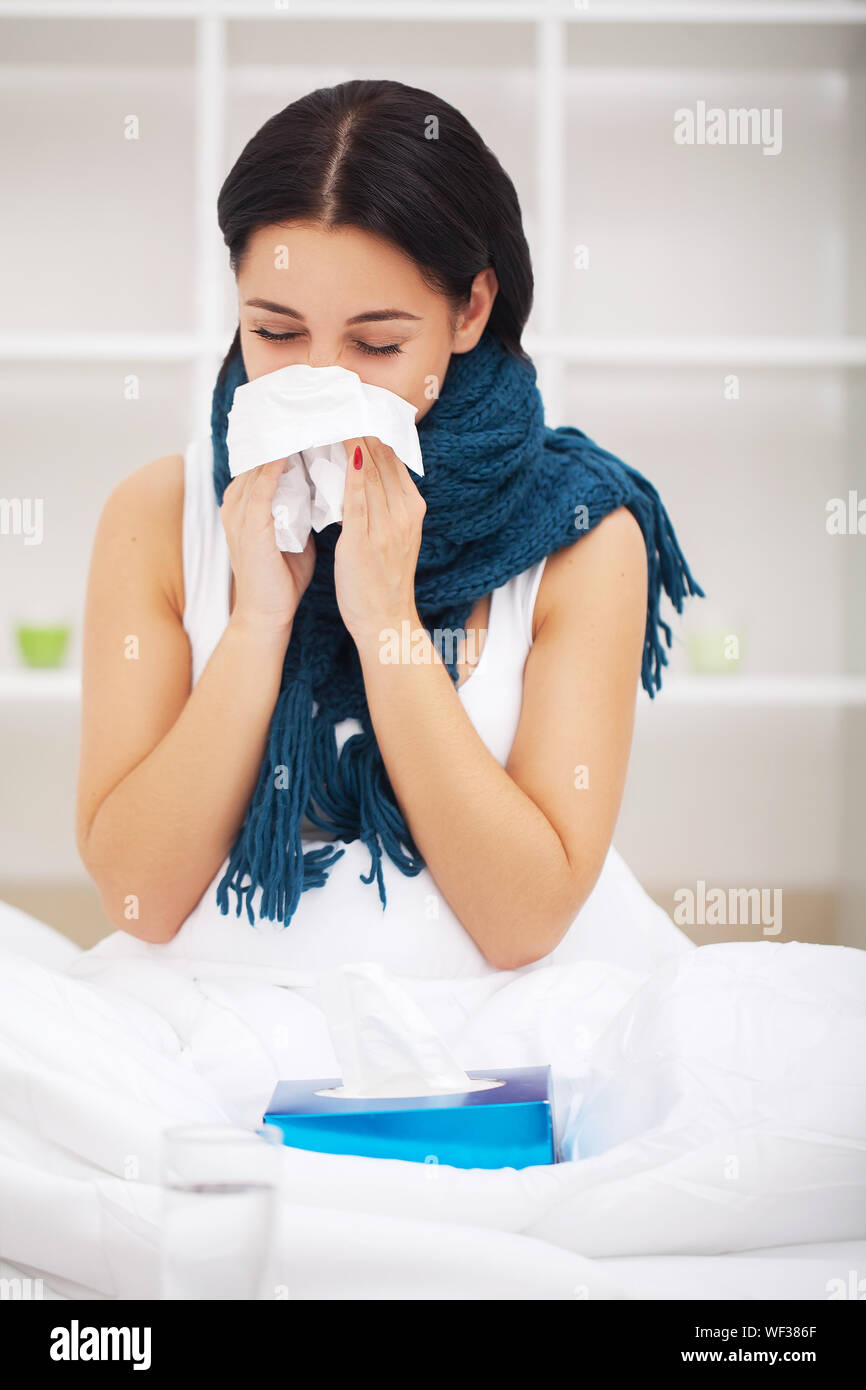 Cold And Flu. Portrait Of Ill Woman Caught Cold, Feeling Sick And ...