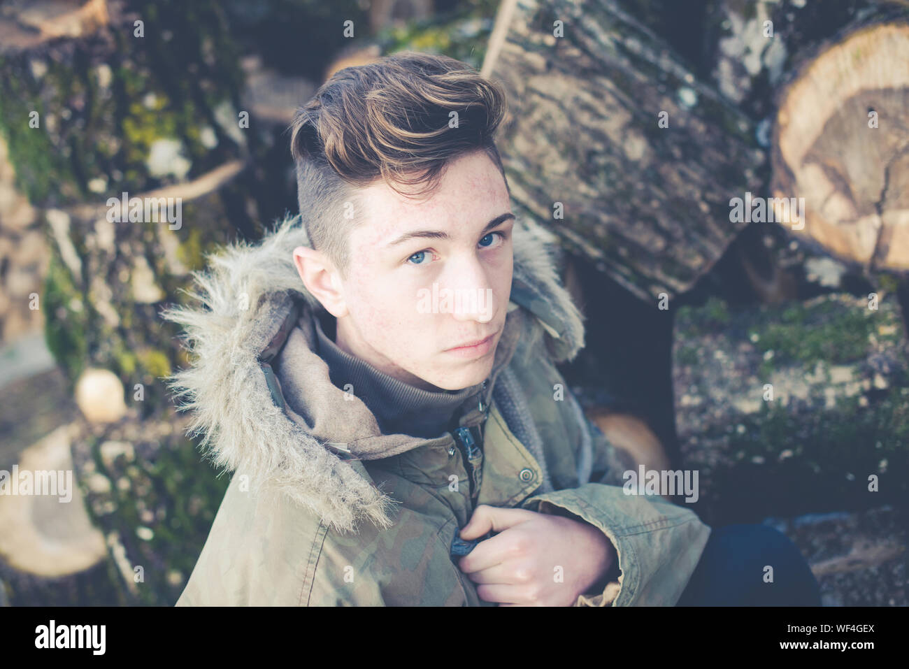 Boy in tree high view hi-res stock photography and images - Alamy