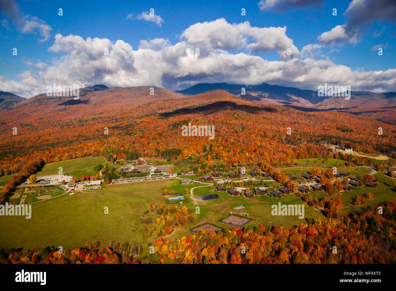 Aerial autumn view of Trapp Family Lodge and Mt. Mansfield in the ...