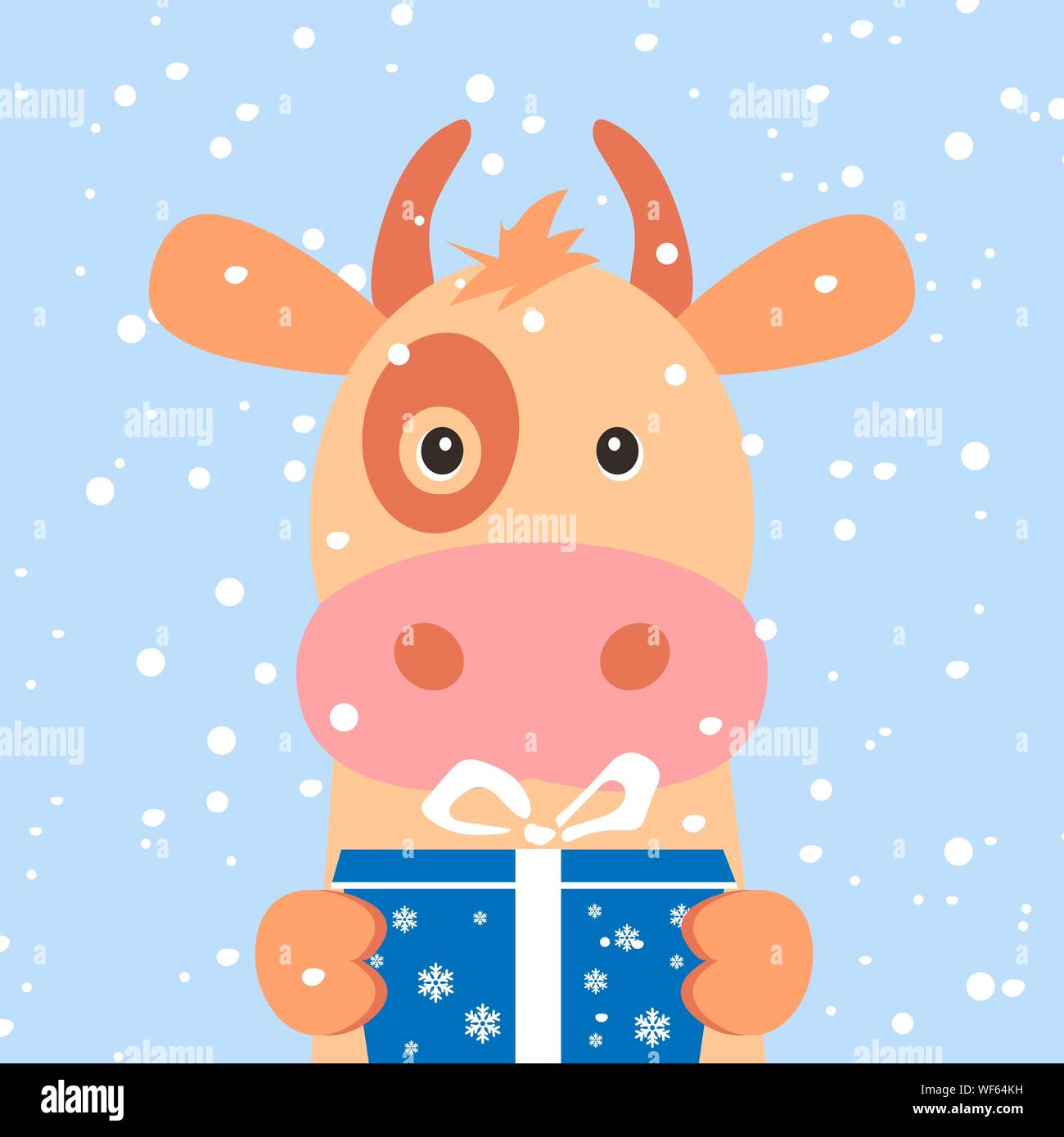 Christmas card. Portrait of cow with gift box, snowflake. Funny cartoon ...