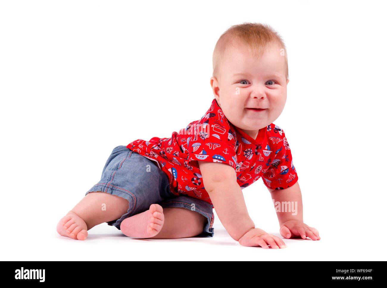 Infant baby sitting happy smiling. Isolated on a white background Stock ...
