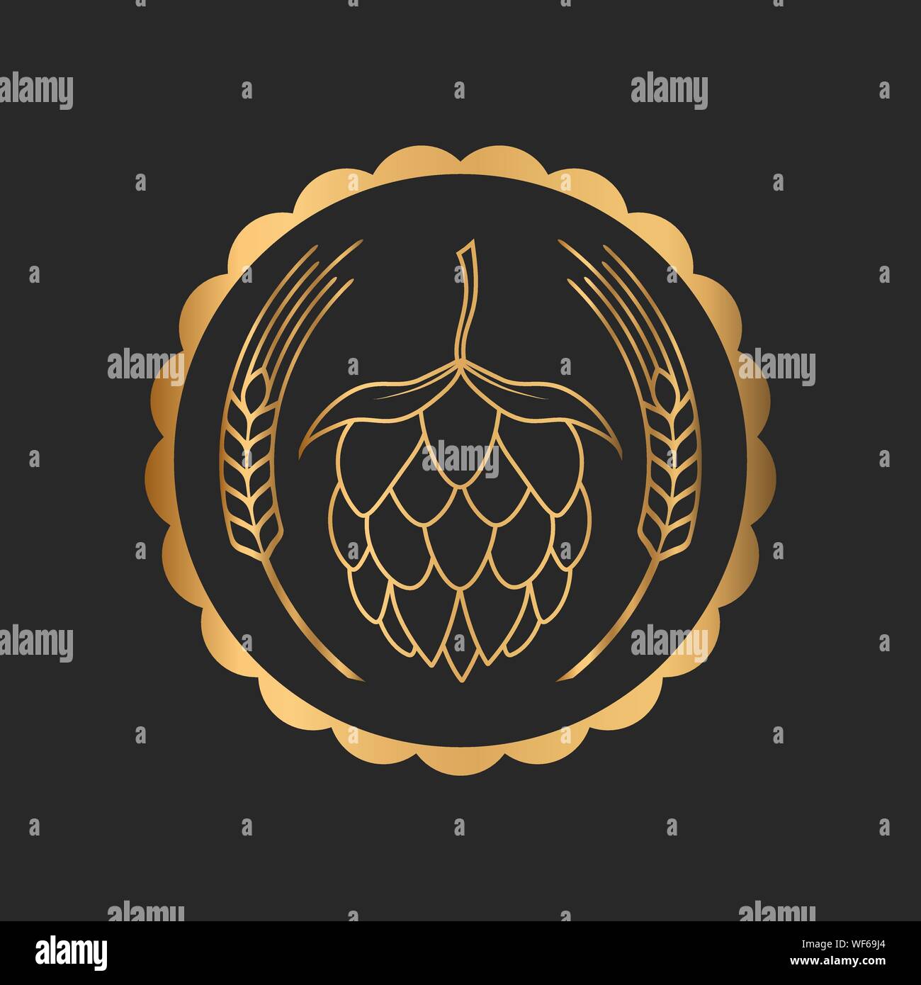 Hop and barley golden emblem icon label logo. Beer pub emblem. Craft ...