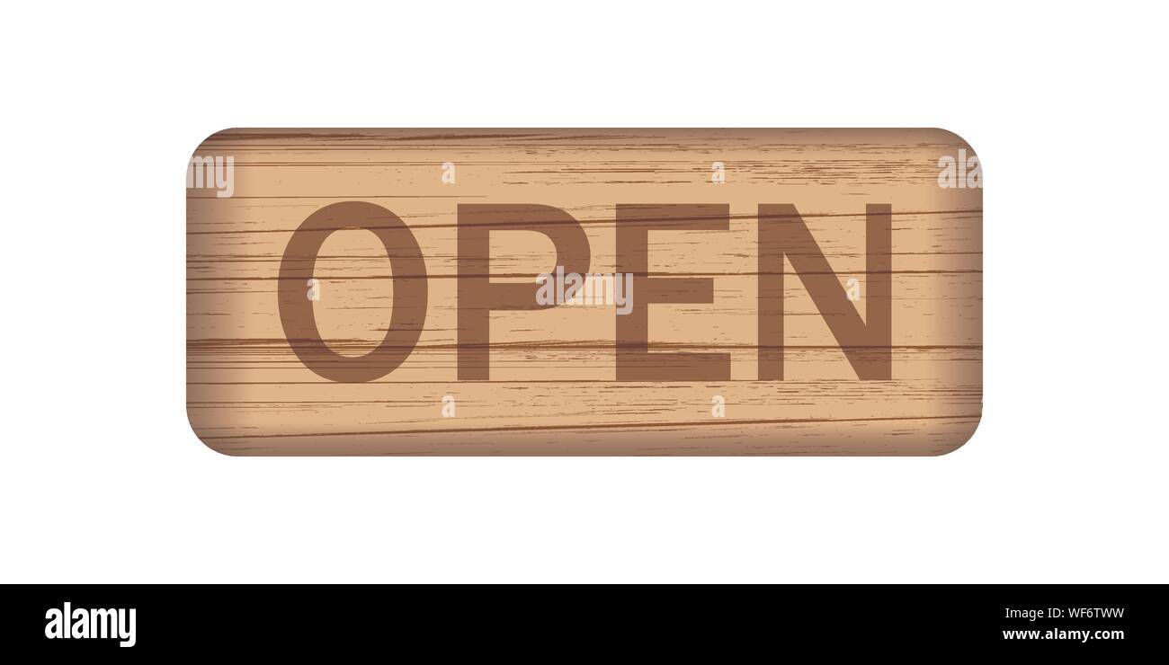 Wooden Open sign. Cartoon wooden buttons with Open sign. Vector ...