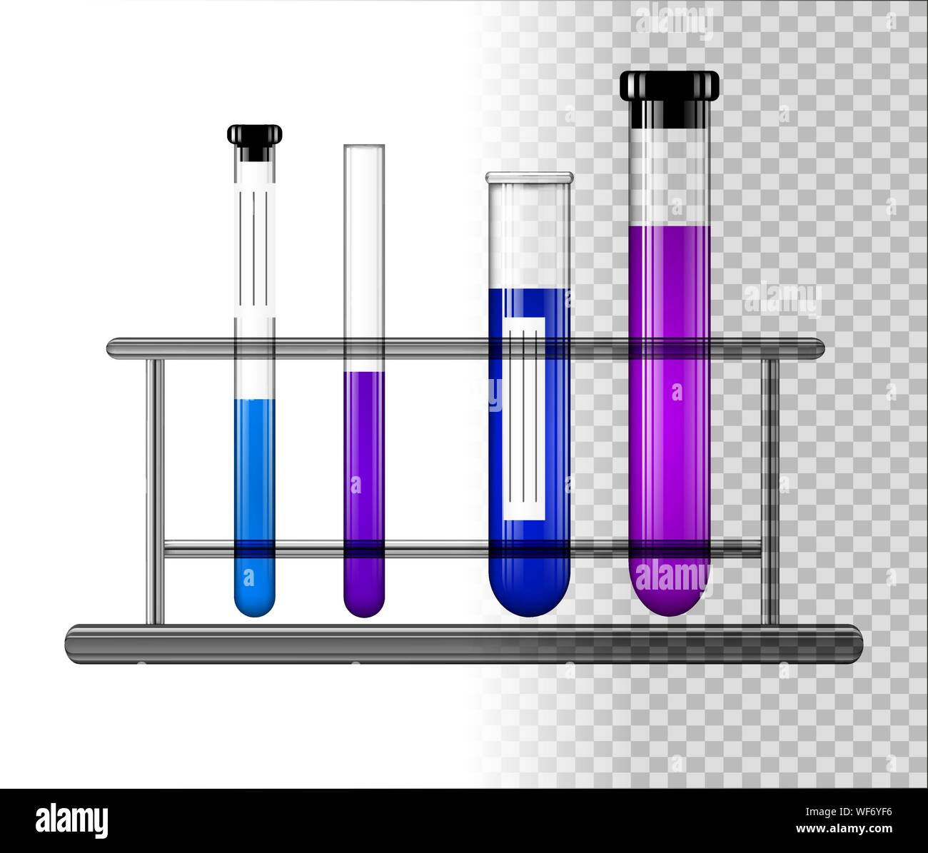Test tubes with liquid on a glass stand. Transparent glass flasks with ...