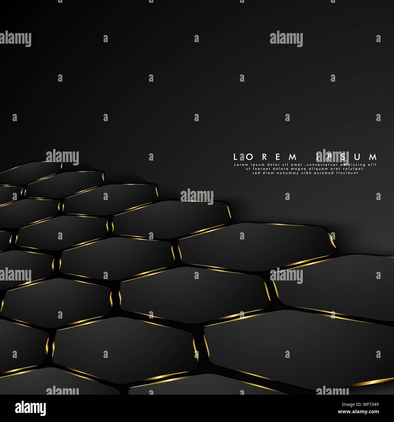 Black Hexagon perspective with golden light shines. Abstract vector ...