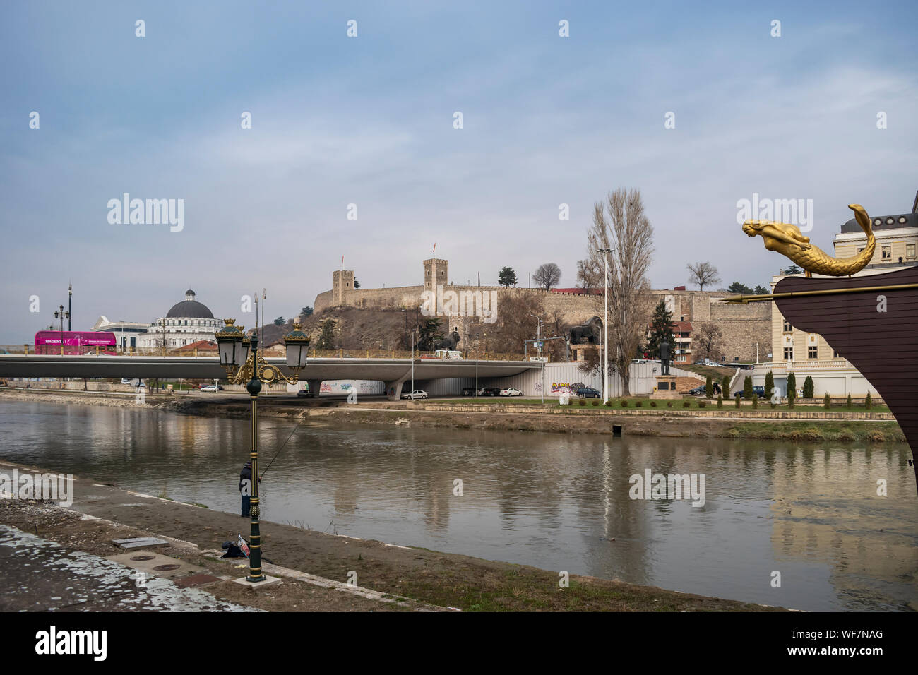 Skopje - North Macedonia - December 2018: View of Vardar river and ...