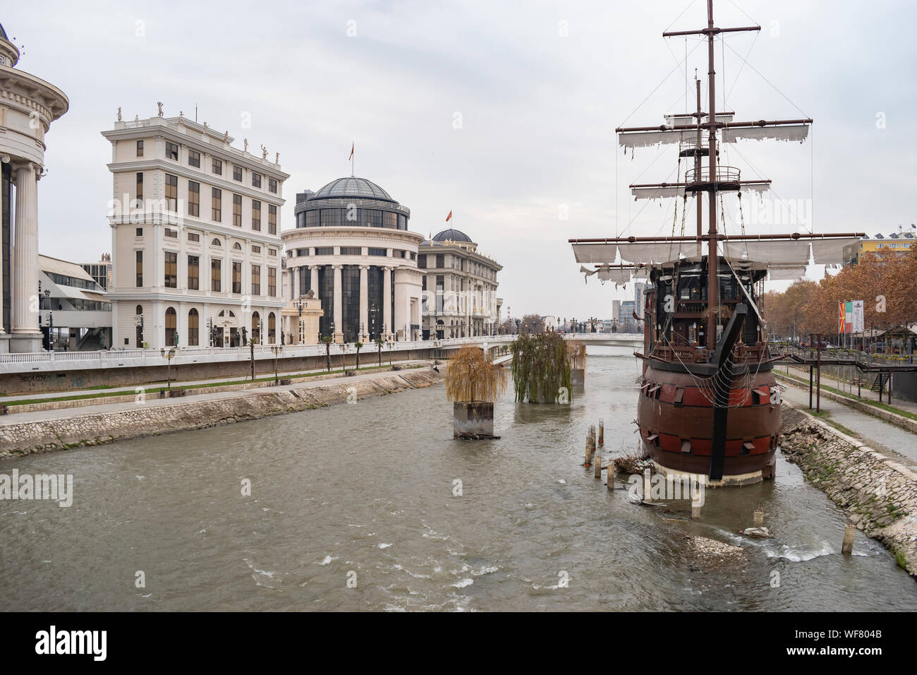 Skopje, North Macedonia - December 2018: View of Vardar river from the ...