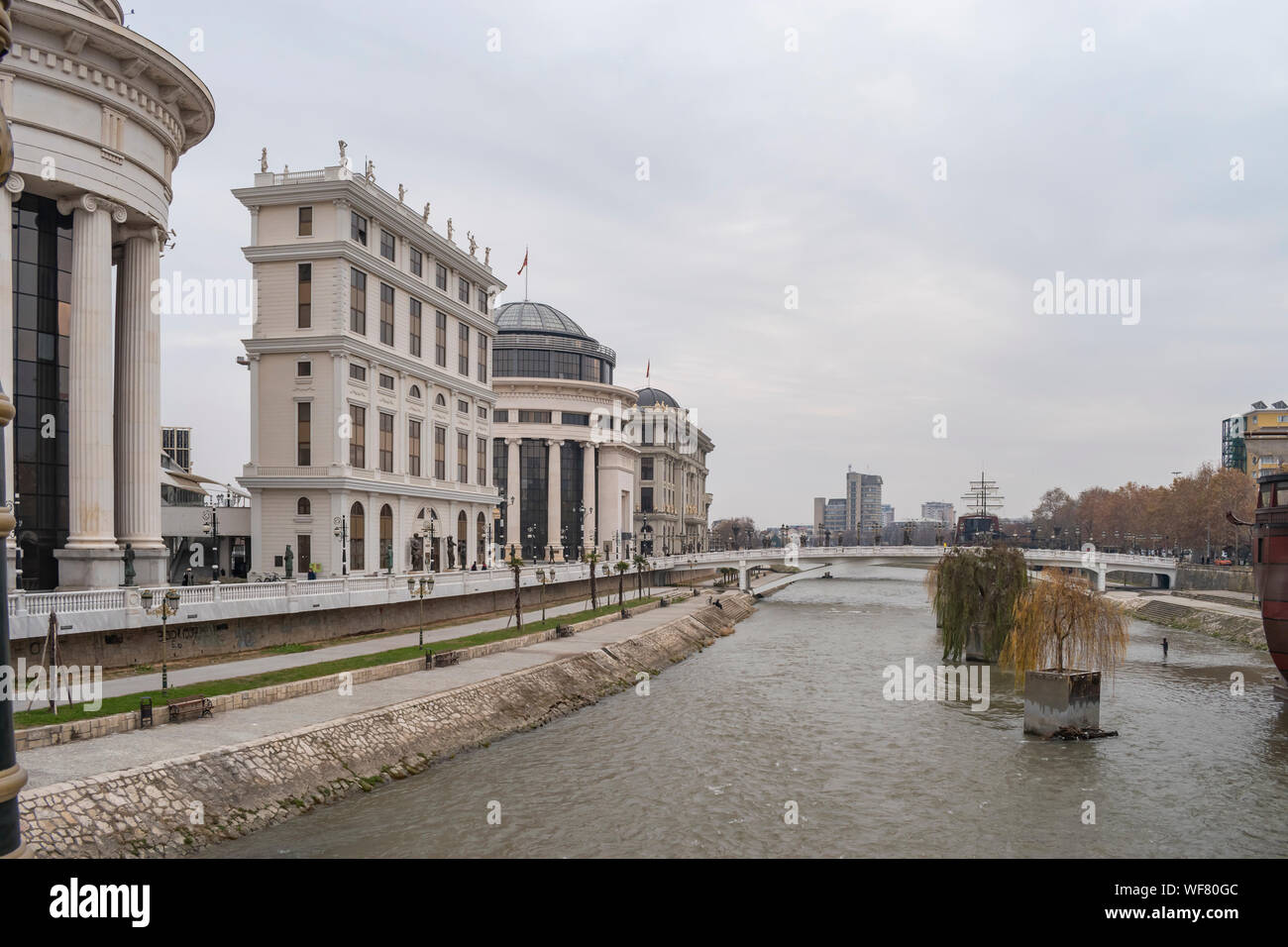 Skopje, North Macedonia - December 2018: View of Vardar river from the ...