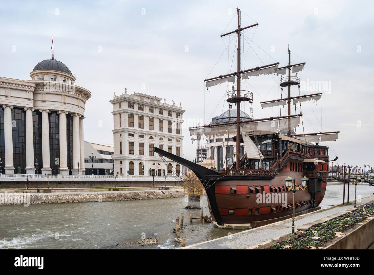 Skopje, North Macedonia - December 2018: View of Vardar river from the ...