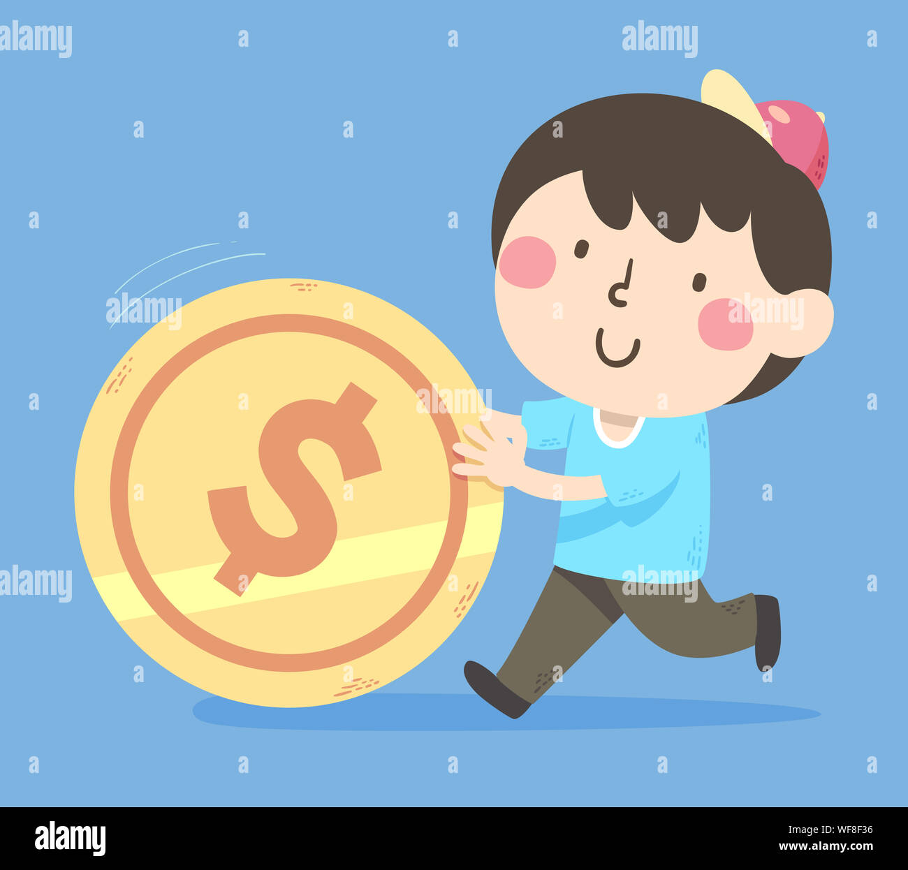 Illustration of a Kid Boy Pushing a Big Gold Coin with Dollar Sign ...
