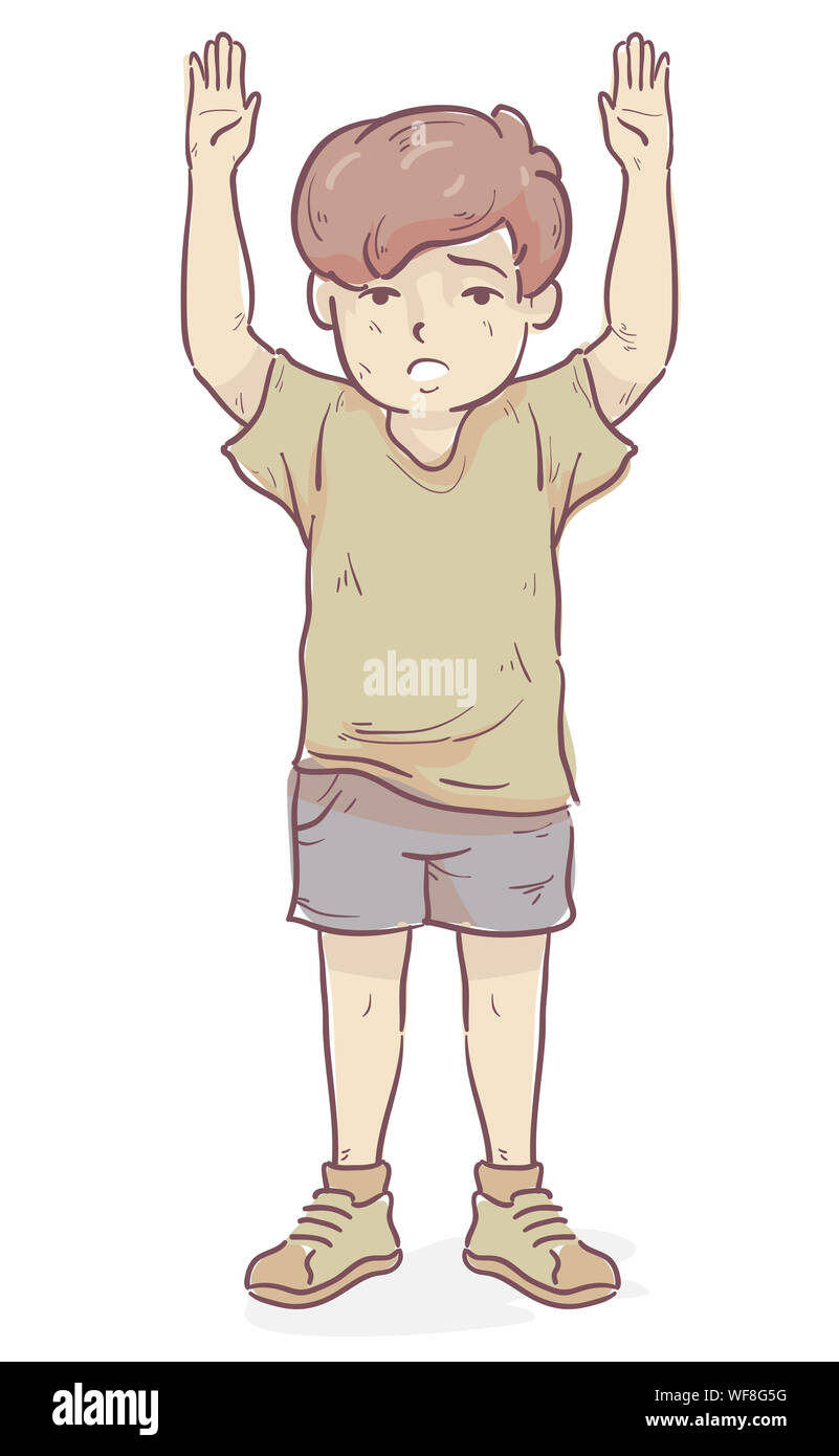 Illustration of a Kid Boy with Hands Up Feeling Fear Stock Photo - Alamy