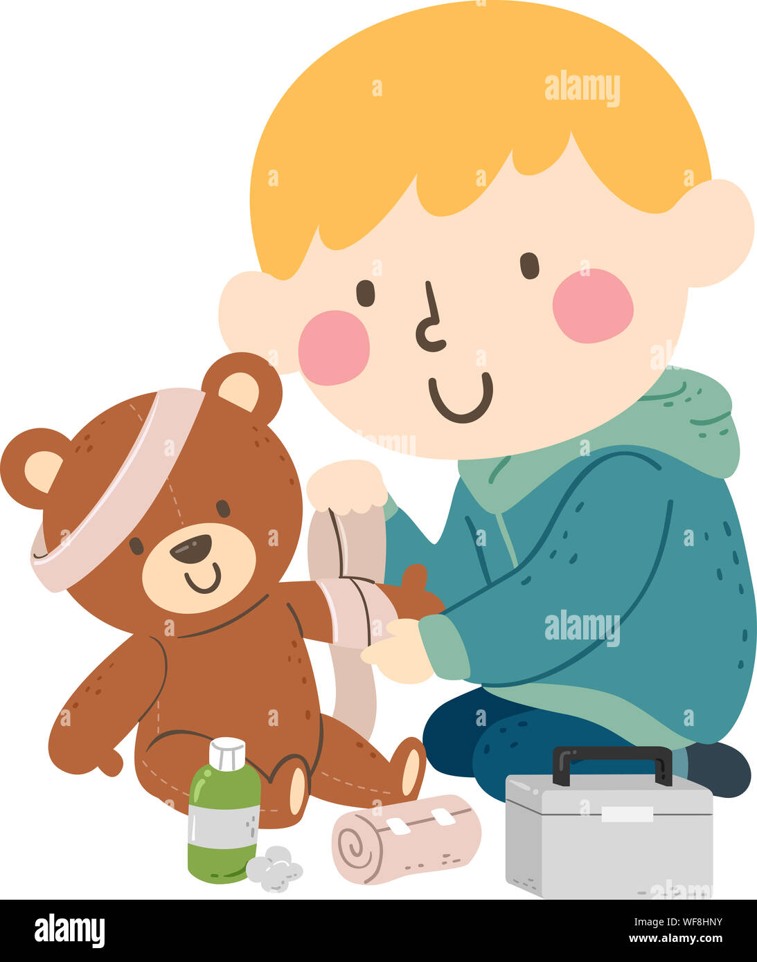 Illustration of a Kid Boy Applying a Bandage to His Teddy Bear Toy with ...